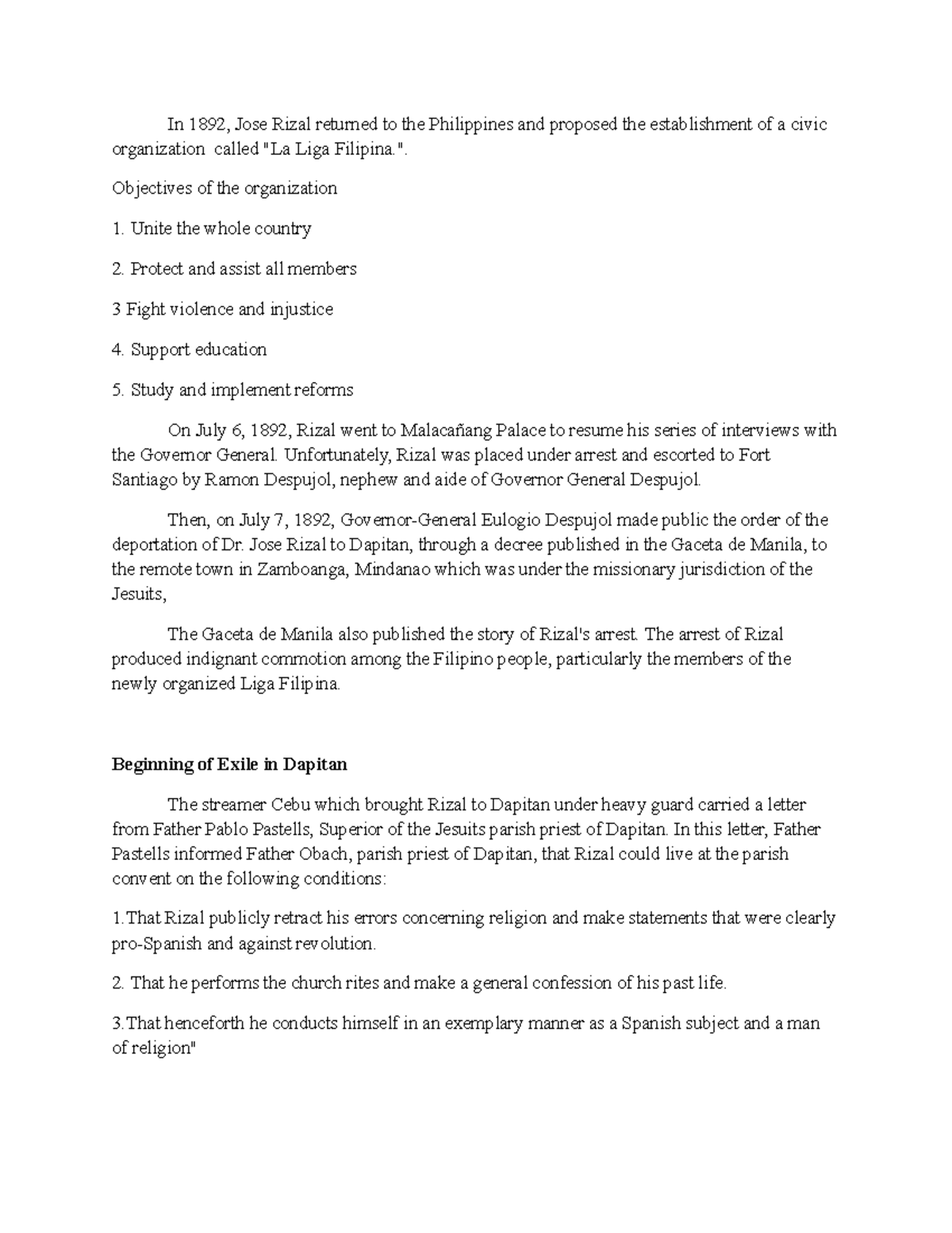 Midterm Notes - eaweawe - In 1892, Jose Rizal returned to the ...