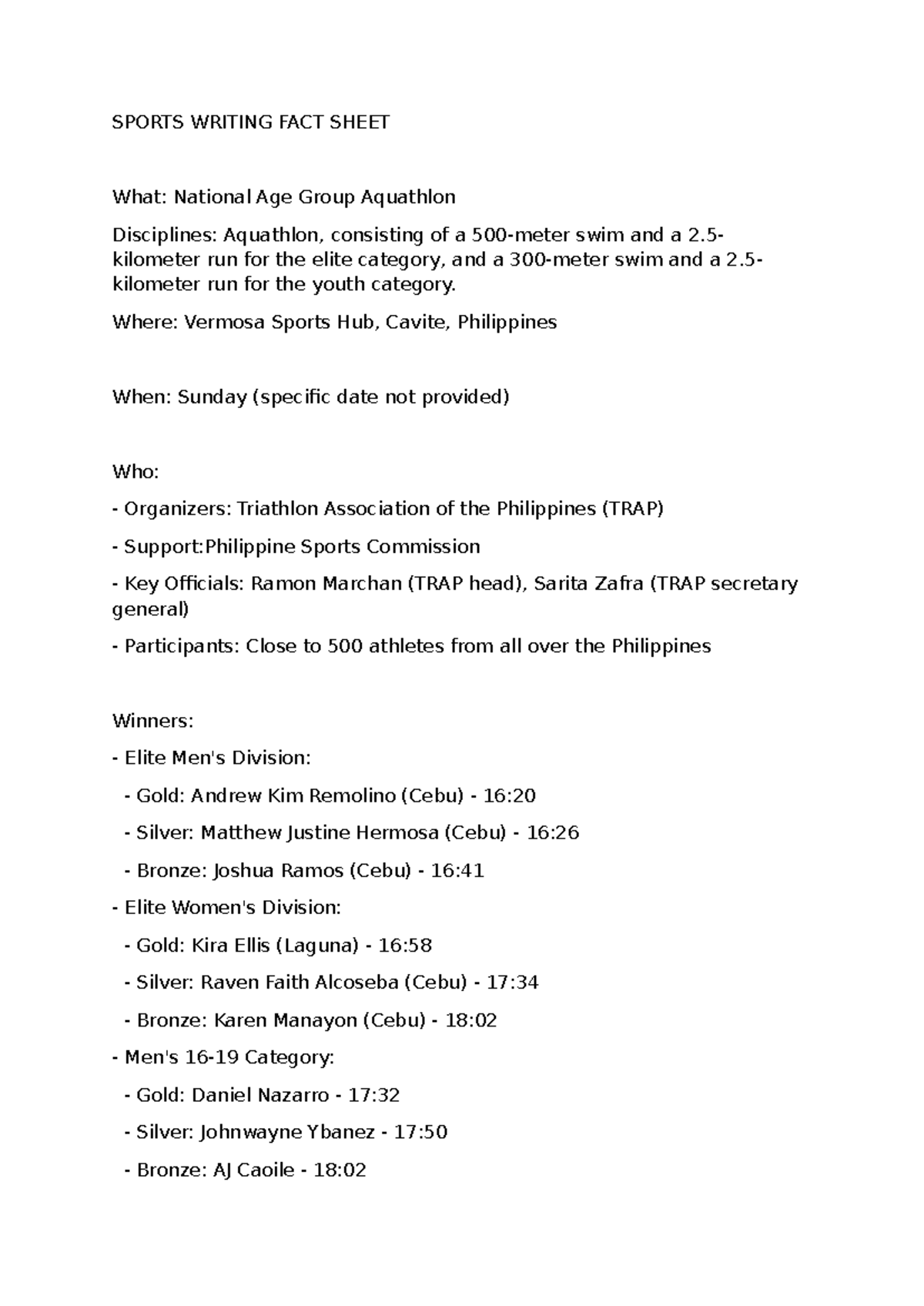 Isports fact sheet - SPORTS WRITING FACT SHEET What: National Age Group ...