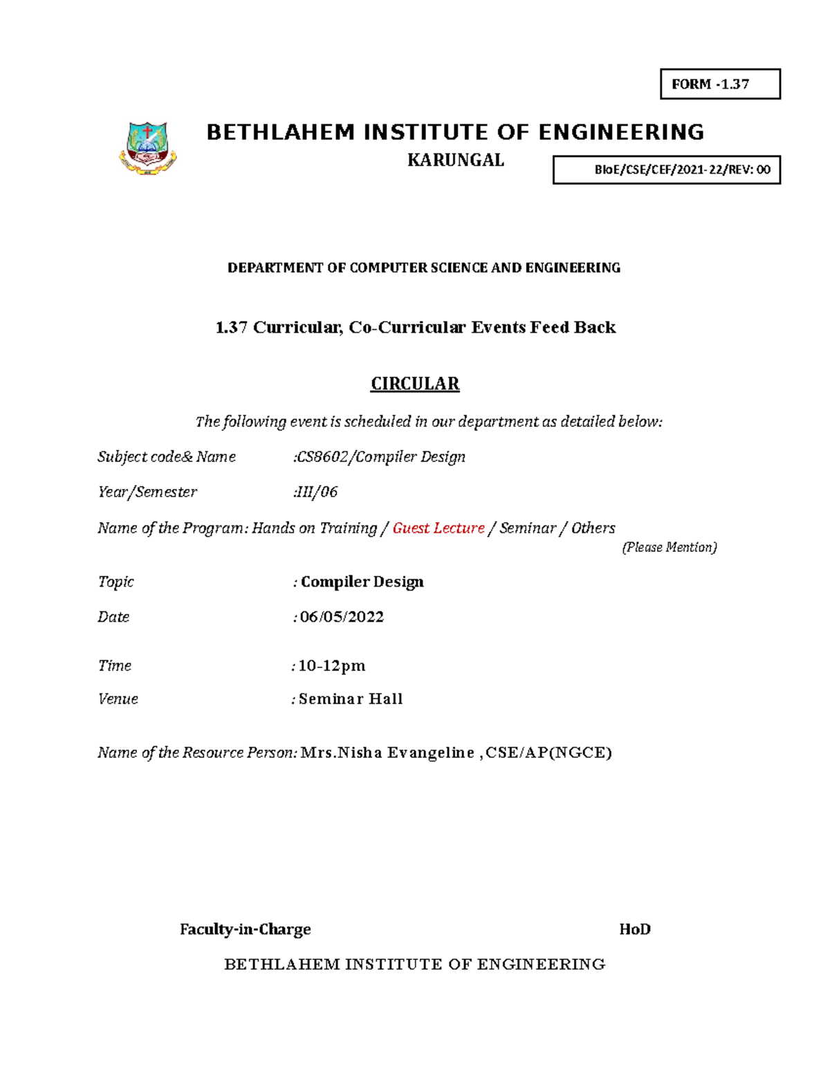Compiler Design CBS - notes - DEPARTMENT OF COMPUTER SCIENCE AND ...