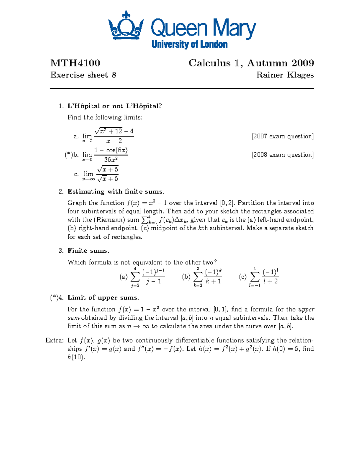 Exercise Sheet 8 - Questions - MTH4100 Calculus 1, Autumn 2009 Exercise ...
