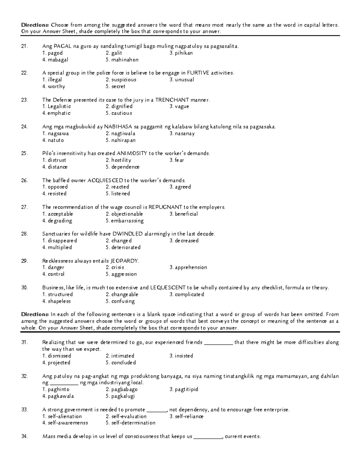 Civil Service Reviewer With Answer Key Directions Choose From Among
