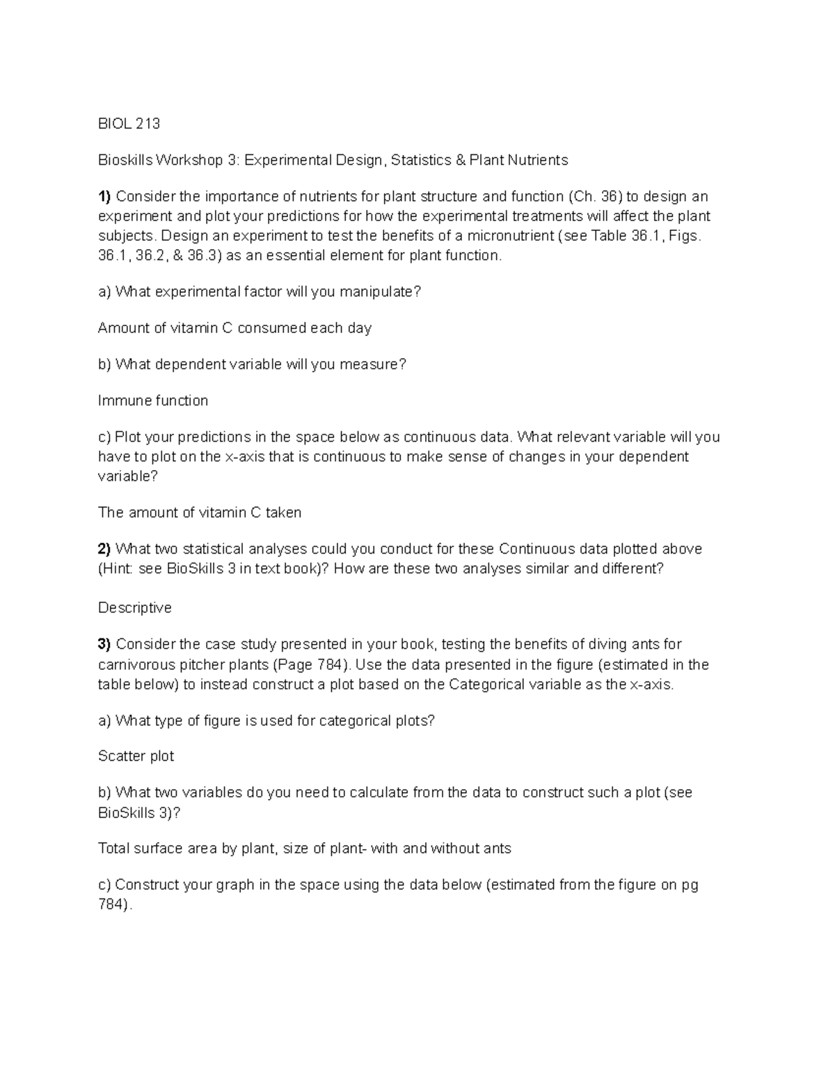 BIOL 213 Workshop - BIOL 213 Bioskills Workshop 3: Experimental Design, Statistics & Plant - Studocu