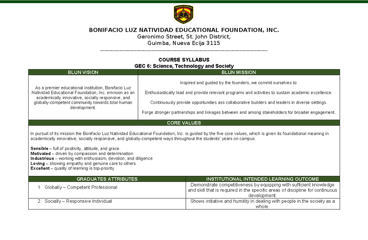 Course Syllabus - GEC 6 (STS) - Geronimo Street, St. John District, Guimba, Nueva Ecija 3115 ...