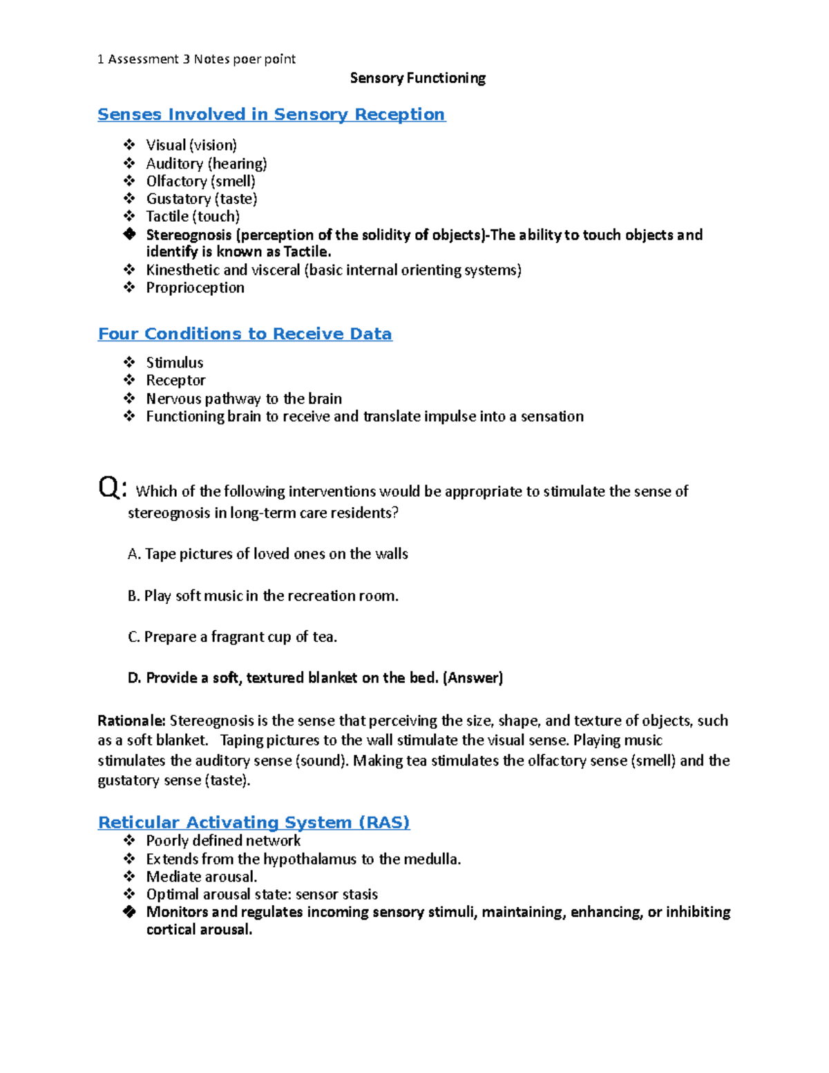 Assessment 3 Notes: Sensory Functioning and Alterations - Studocu