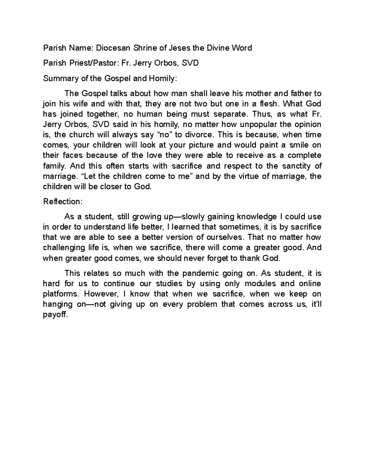 Gospel Reflection on a Sunday Mass - Parish Name: Diocesan Shrine of ...