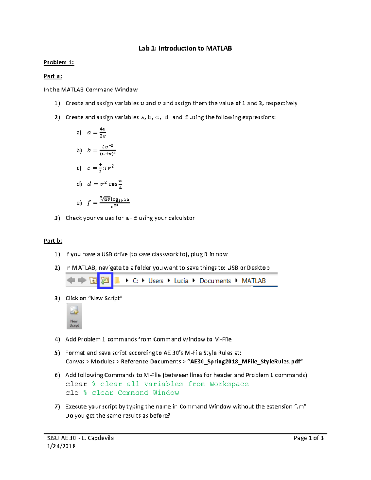 AE 30 - Lab 01 - Intro to Matlab - SJSU AE 30 - L. Capdevila 1/24/ Page 1 of 3 Lab 1 ...
