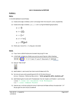 AE 30 - Lab 02 - Arrays in Matlab - SJSU AE 30 - L. Capdevila 1/31/ Page 1 of 2 Lab 2 ...