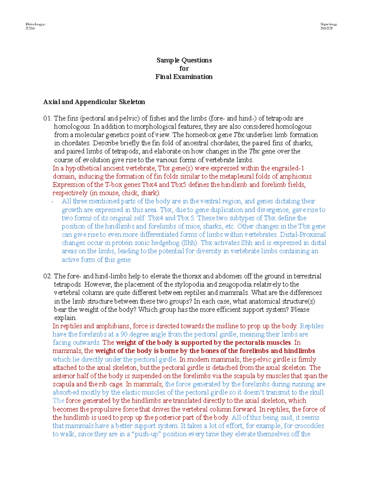 Comparative Anatomy Final - Sample Questions for Final Examination ...