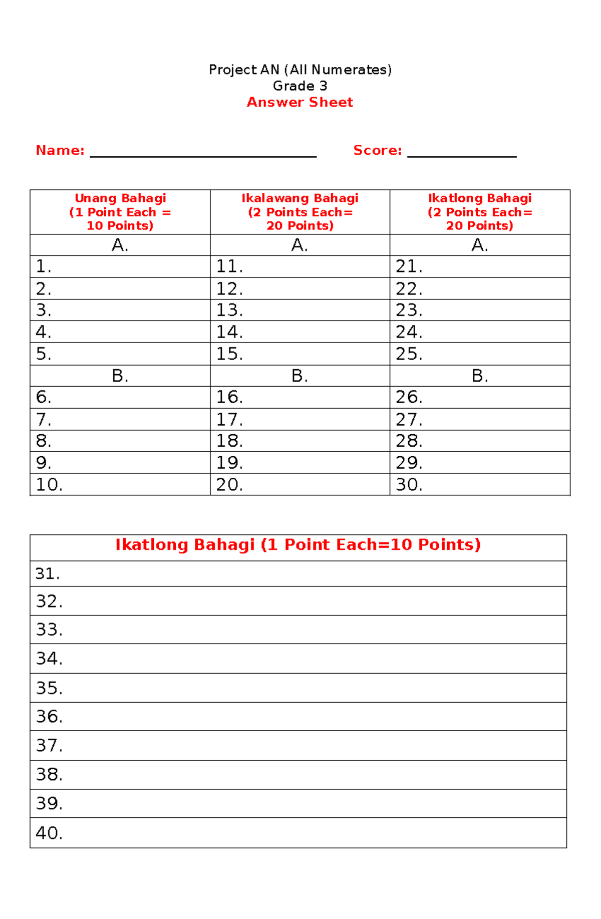 Project AN Answer Sheet - Project AN (All Numerates) Grade 3 Answer ...