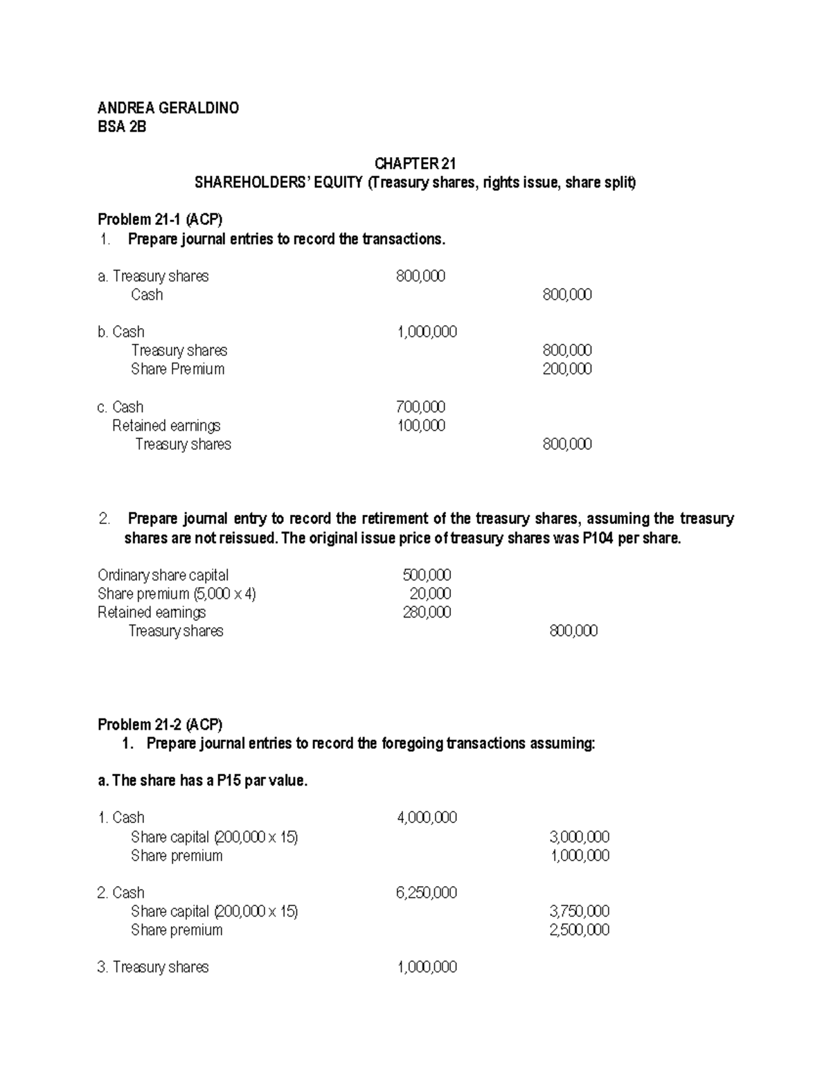 Chapter 21 Share Holders' Equity (Treasury shares, rights issue, share ...