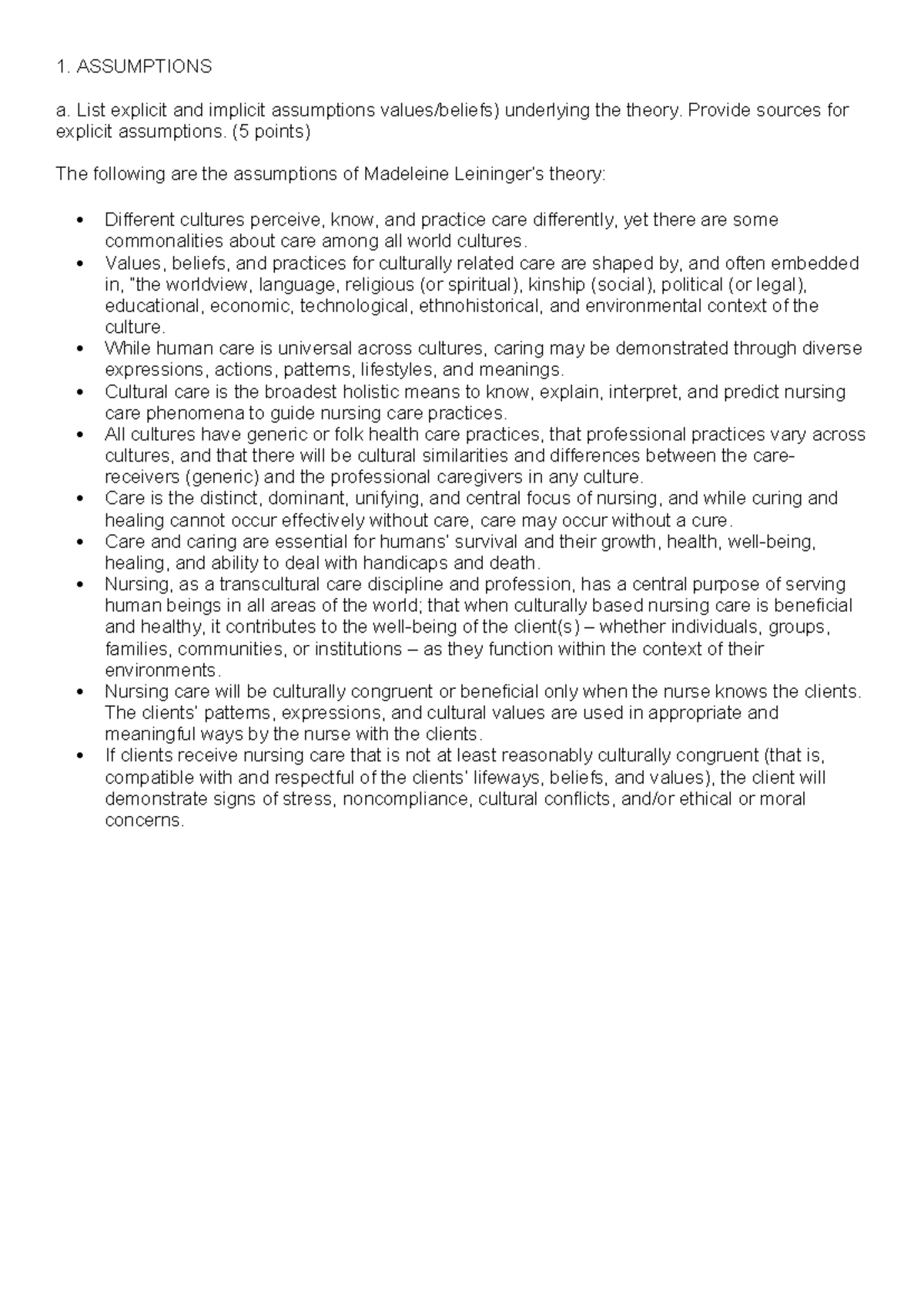 Madeleine Leininger’s theory - 1. ASSUMPTIONS a. List explicit and ...