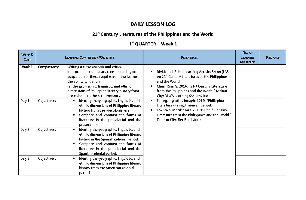 English Daily Lesson 21st Century Literature - DAILY LESSON LOG 21 st ...