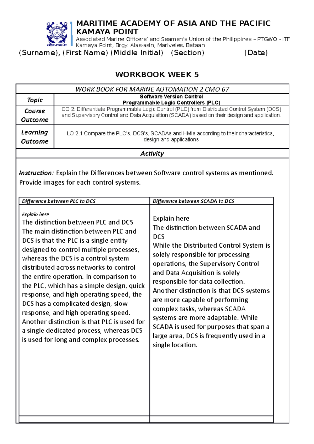 AUTO 2 CMO 67 Workbook WEEK 5 copy - MARITIME ACADEMY OF ASIA AND THE ...