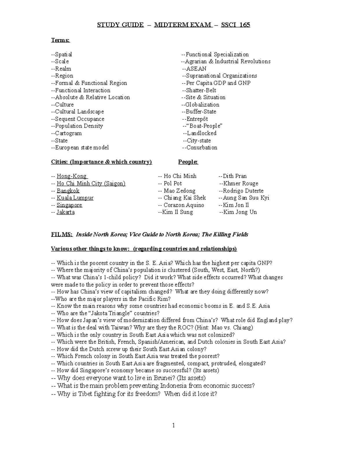 Study Guide-Midterm 1 - Corrie Cataldi - STUDY GUIDE – MIDTERM EXAM – SSCI 165 Terms: -Spatial ...