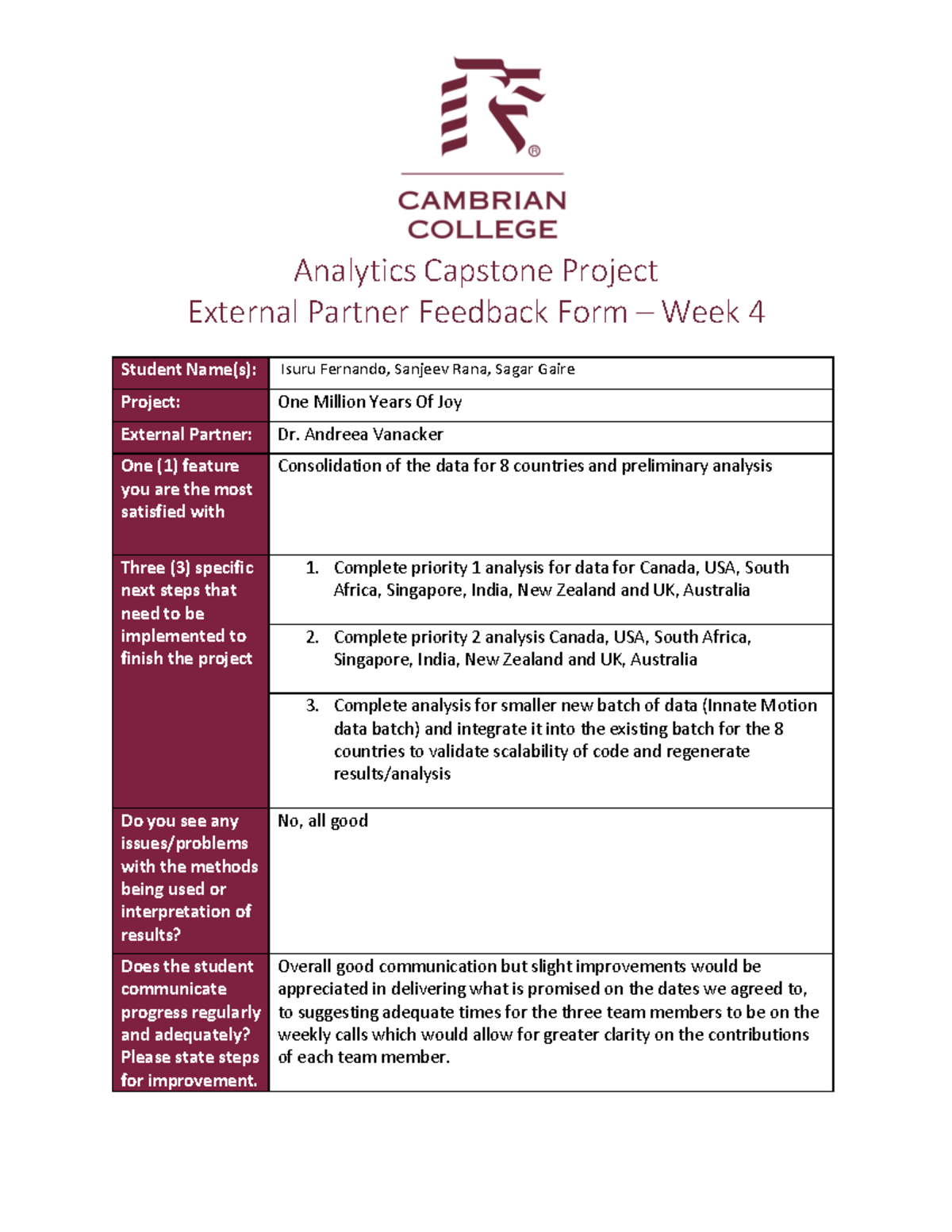Analytics Capstone Project Feedback Form - Analytics Capstone Project ...