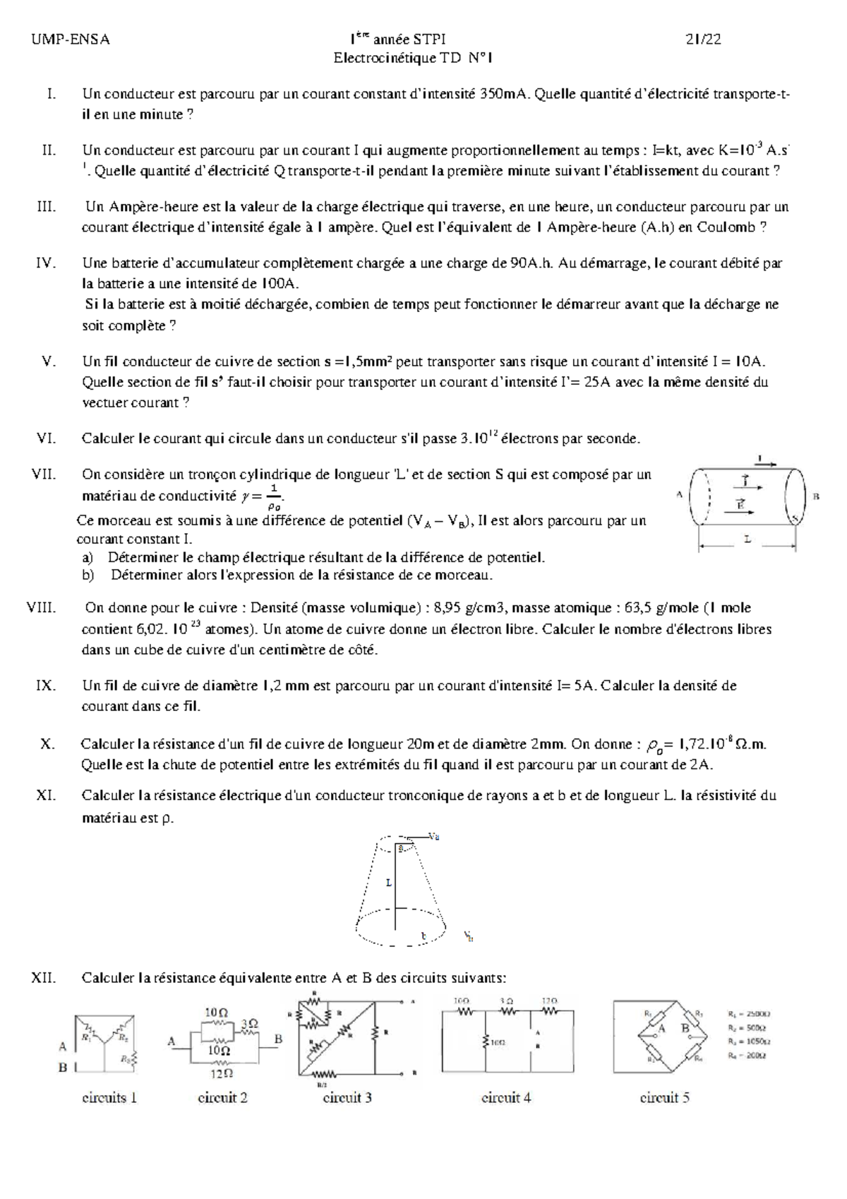 TD 1 Electrocinétique 21 22 - UMP-ENSA 1 ère année STPI 21/ Electrocinétique TD N° I. Un ...