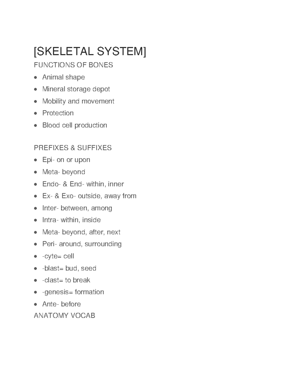 Skeletal System - Functions of the bone, prefix and suffix terms, bones ...