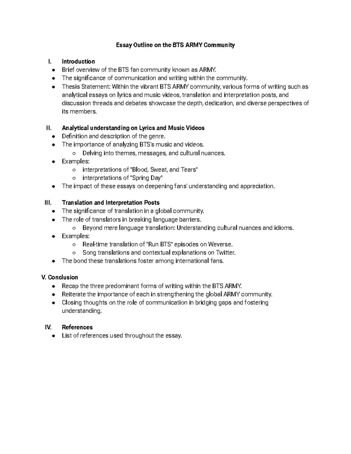 P2.5 Outline - Essay Outline on the BTS ARMY Community I. Introduction ...