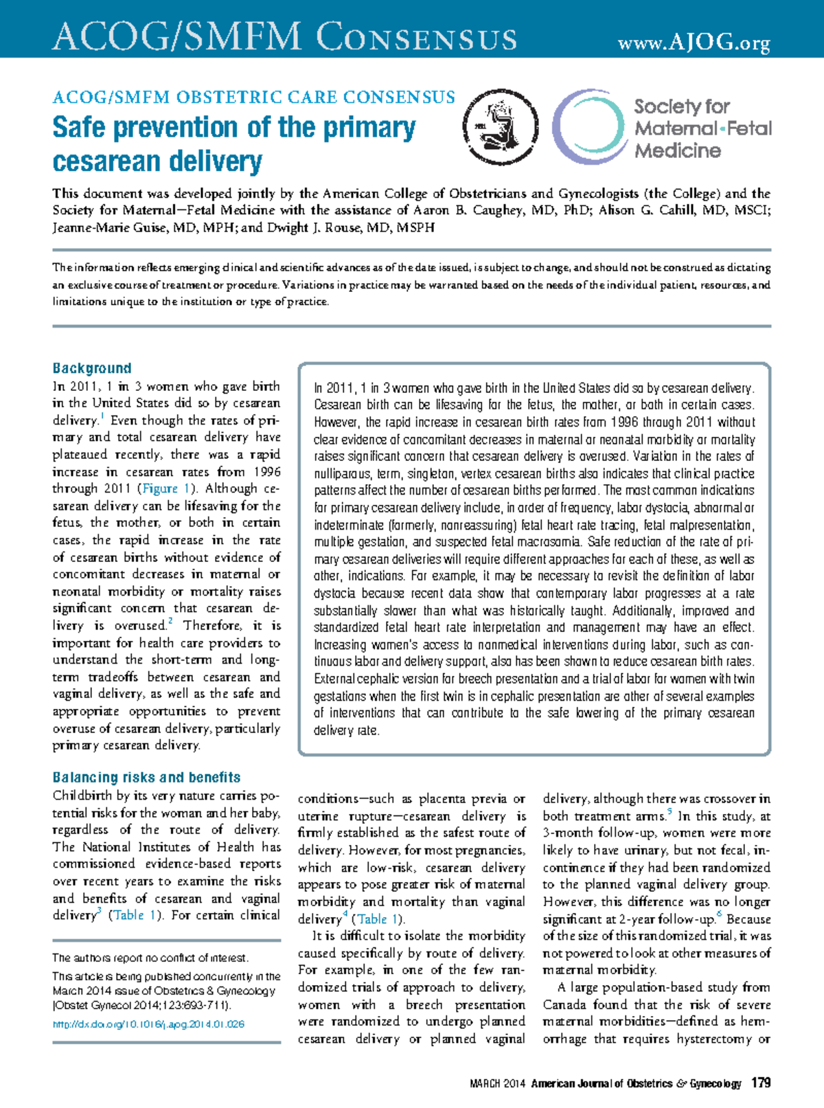 Safe prevention of the primary cesarean delivery ACOG - ACOG/SMFM ...