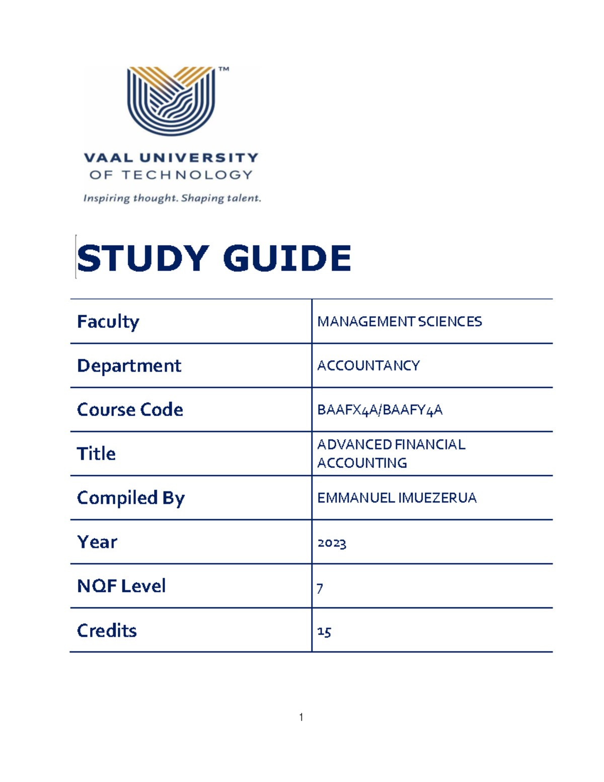 2023 Learner Guide Adv Fin Acc 4 Baafx 4A - Baafy 4A - 1 STUDY GUIDE ...