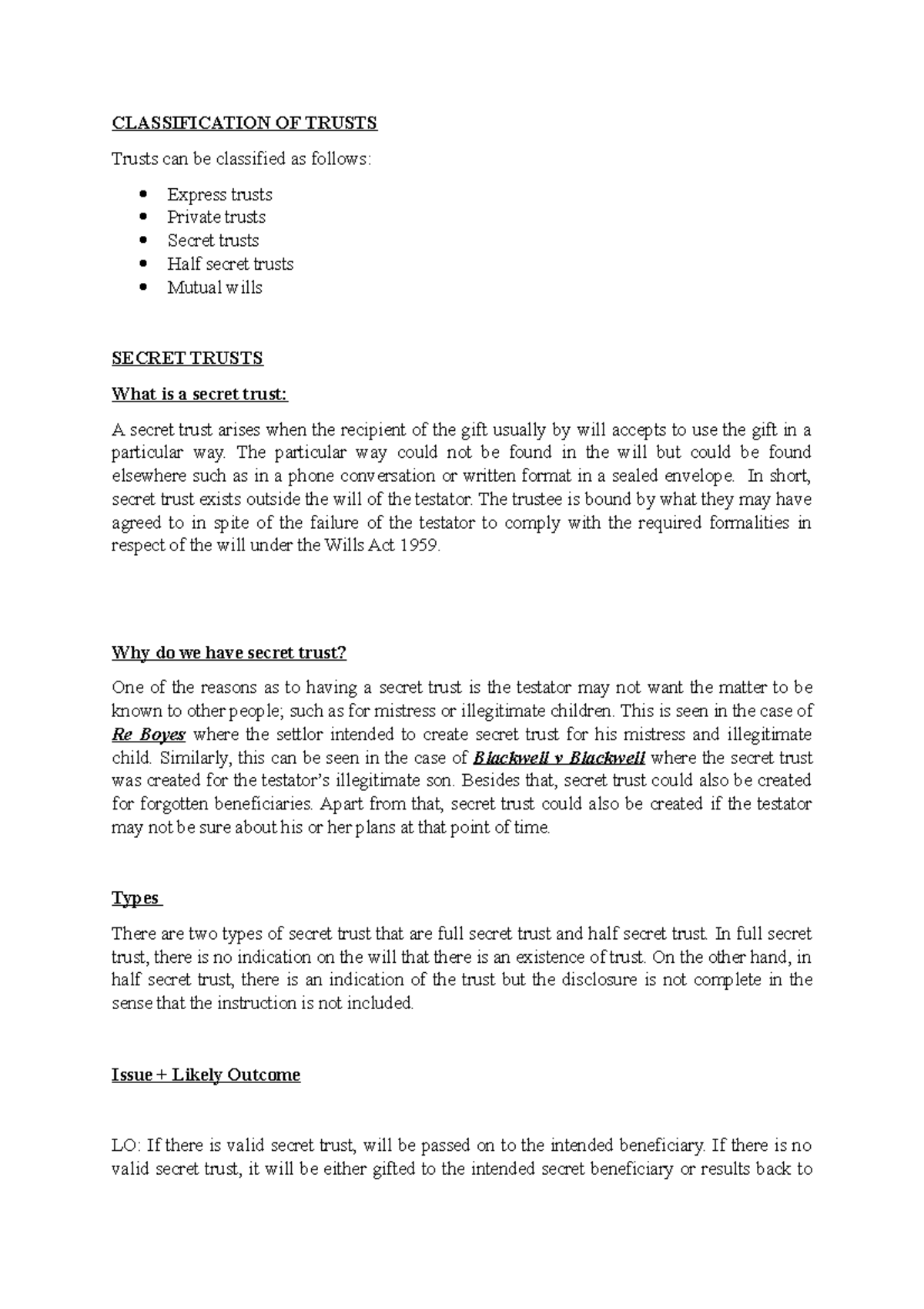 Secret Trust Notes - Equity and Trust I - MMU - Studocu