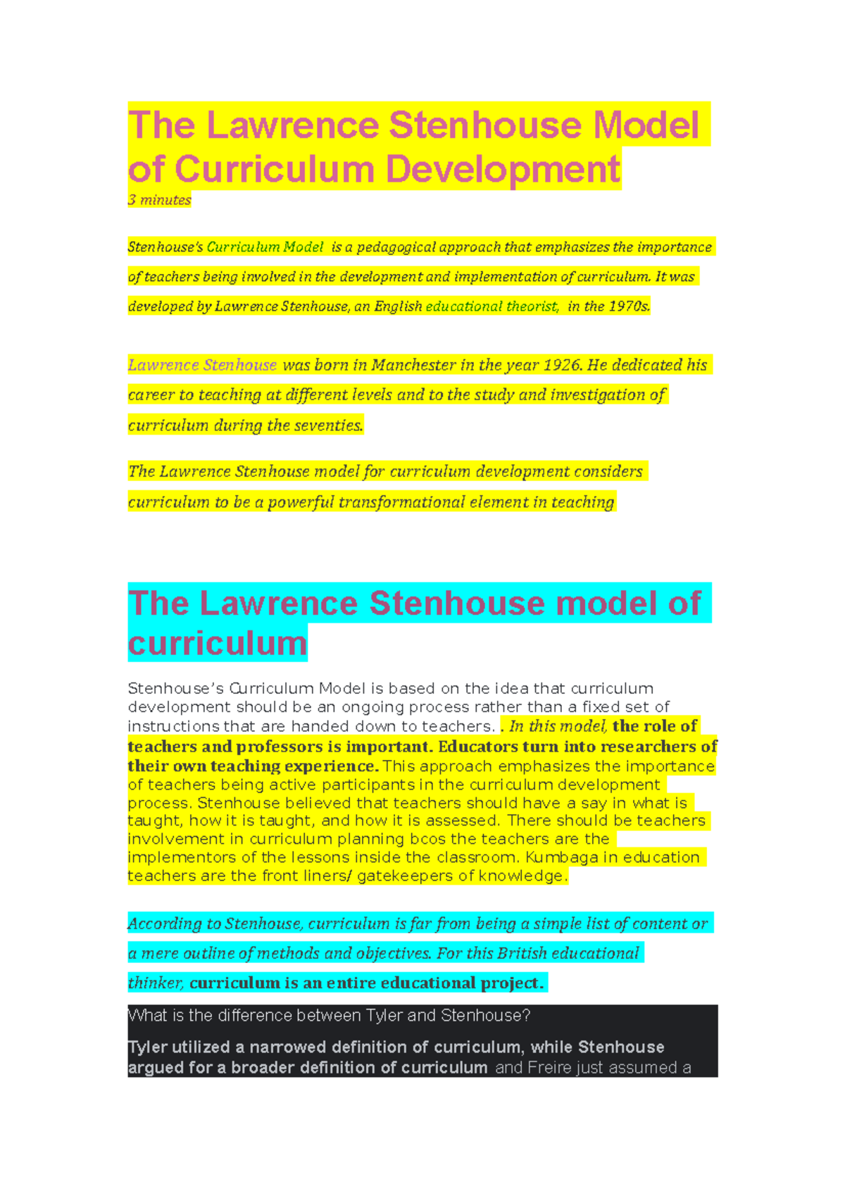The Lawrence Stenhouse Model of Curriculum Develop - The Lawrence ...