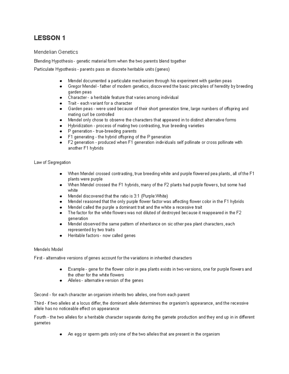 Biology Reviewer - Notes for Mendalian Genetics - LESSON 1 Mendelian ...