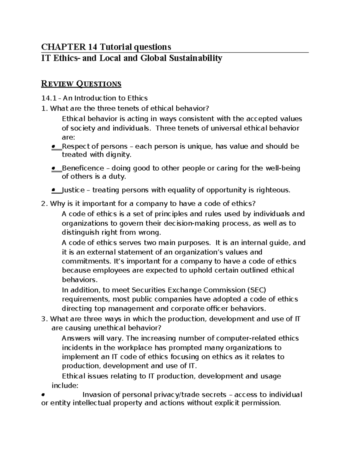 Chapter 14 Tutorial questions with answers - CHAPTER 14 Tutorial questions IT Ethics and Local ...