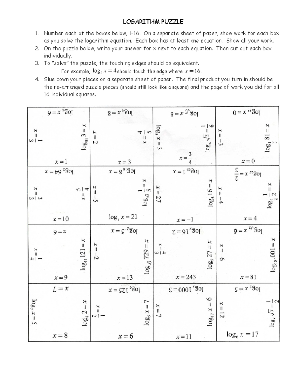 Log-Square-Puzzle - Log tarsia - LOGARITHM PUZZLE 1. Number each of the ...