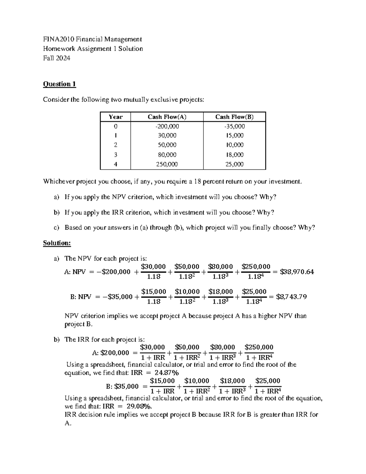 FINA2010Assignment 2 answer - FINA2010 Financial Management Homework ...