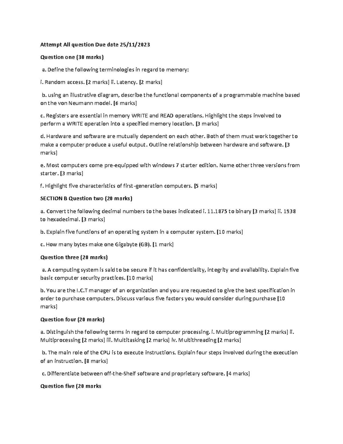 BSIT - Exam standard questions - Attempt All question Due date 25/11 ...