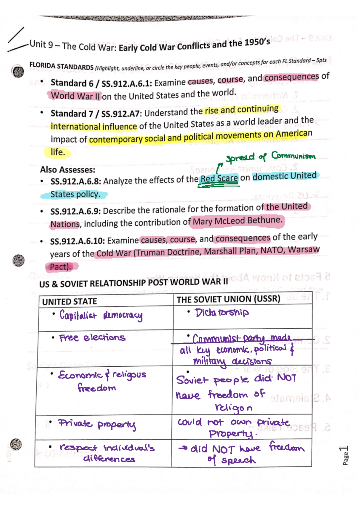The Cold War - ANSWERS TO COLD WAR SHEET - a spreadof Communism ...