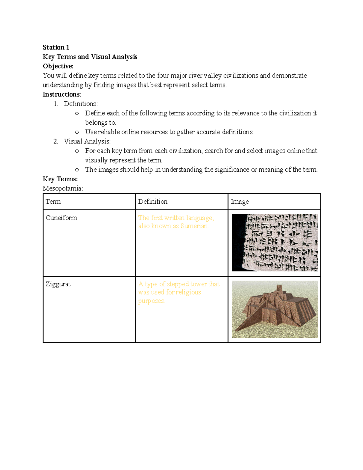 River Valley Civilization Assignment - Station 1 Key Terms and Visual ...