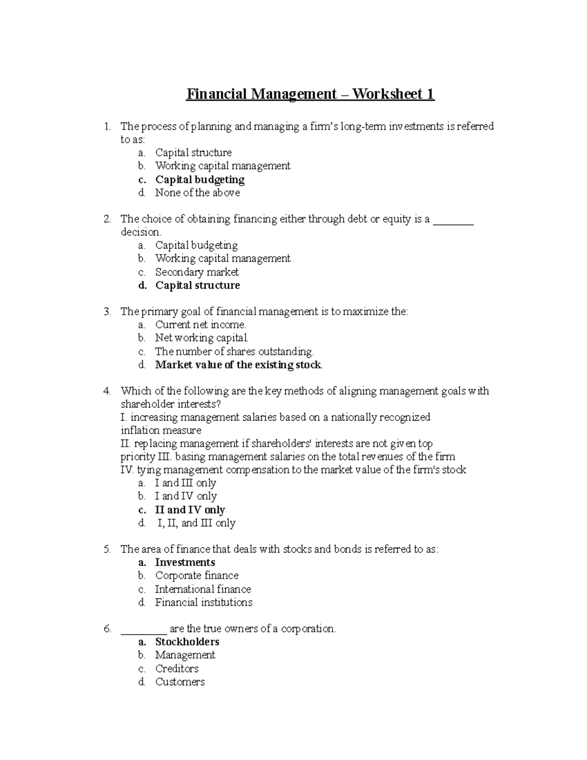 Worksheet 1 - Lecture notes 1-4 - Financial Management – Worksheet 1 ...