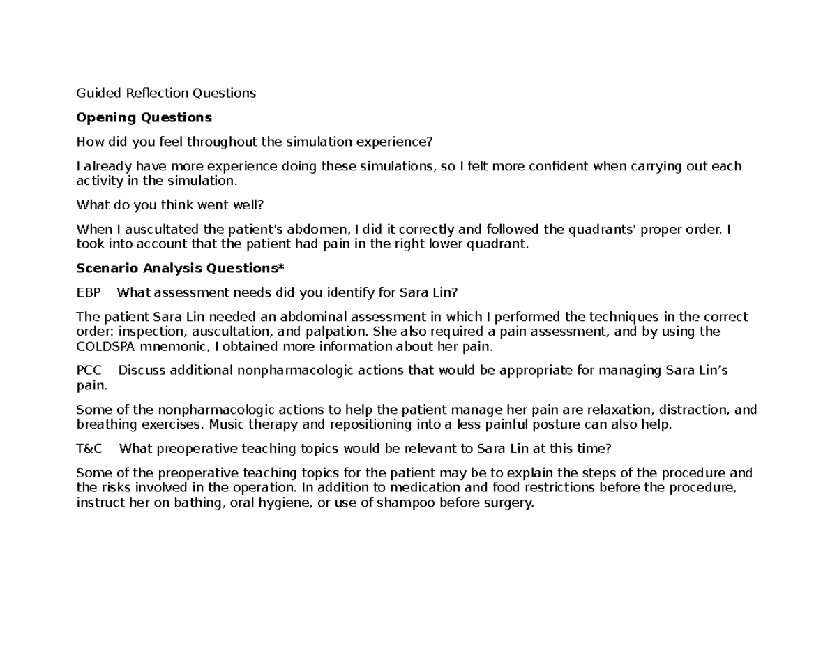 Vsim about Sara Lin - Guided Reflection Questions Opening Questions How ...