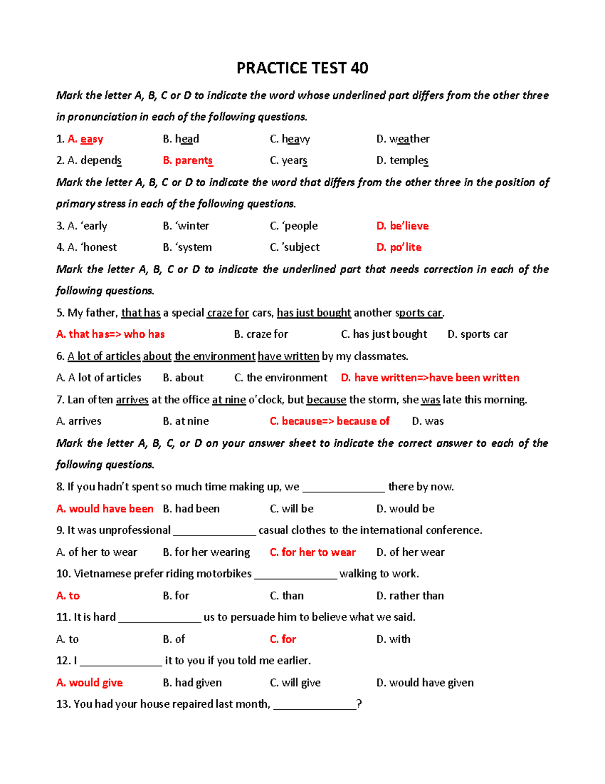 40. Practice TEST 40. Chữa - PRACTICE TEST 40 Mark the letter A, B, C ...