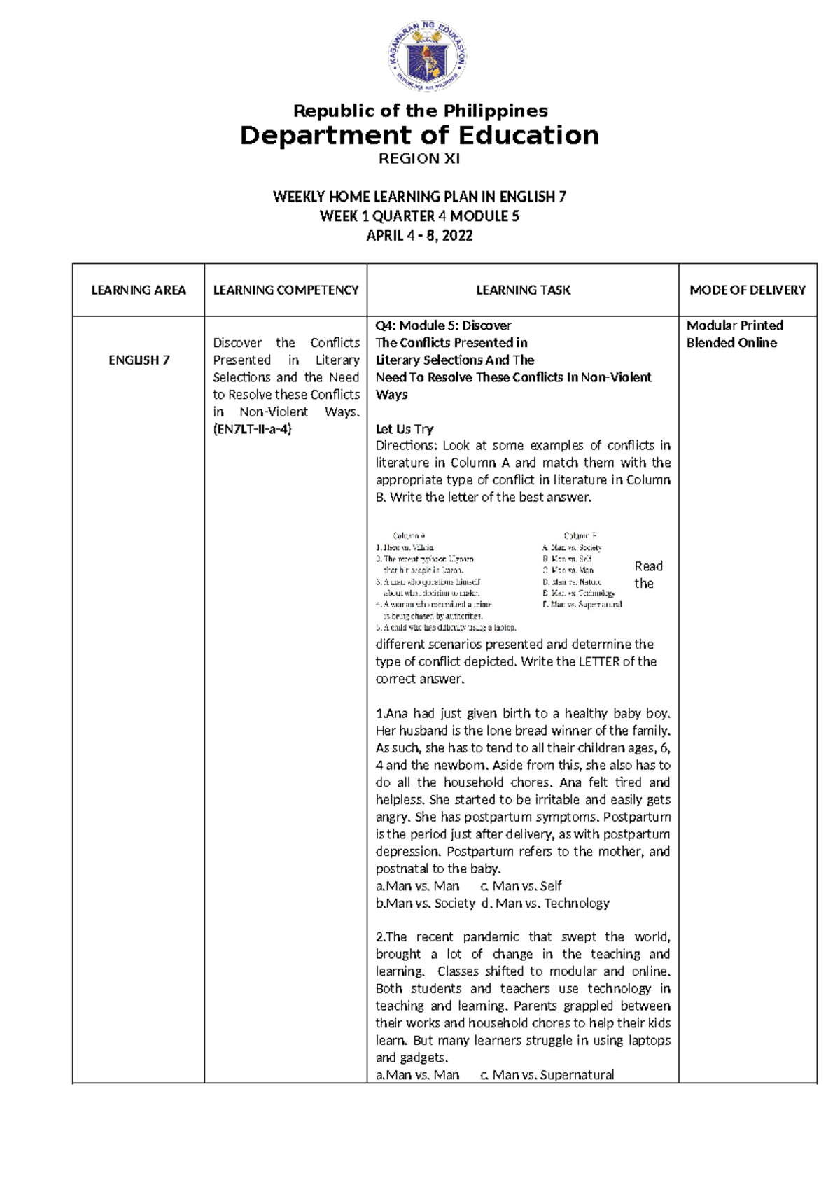 WHLP Q4 Week1 - WHLP - Republic of the Philippines Department of ...
