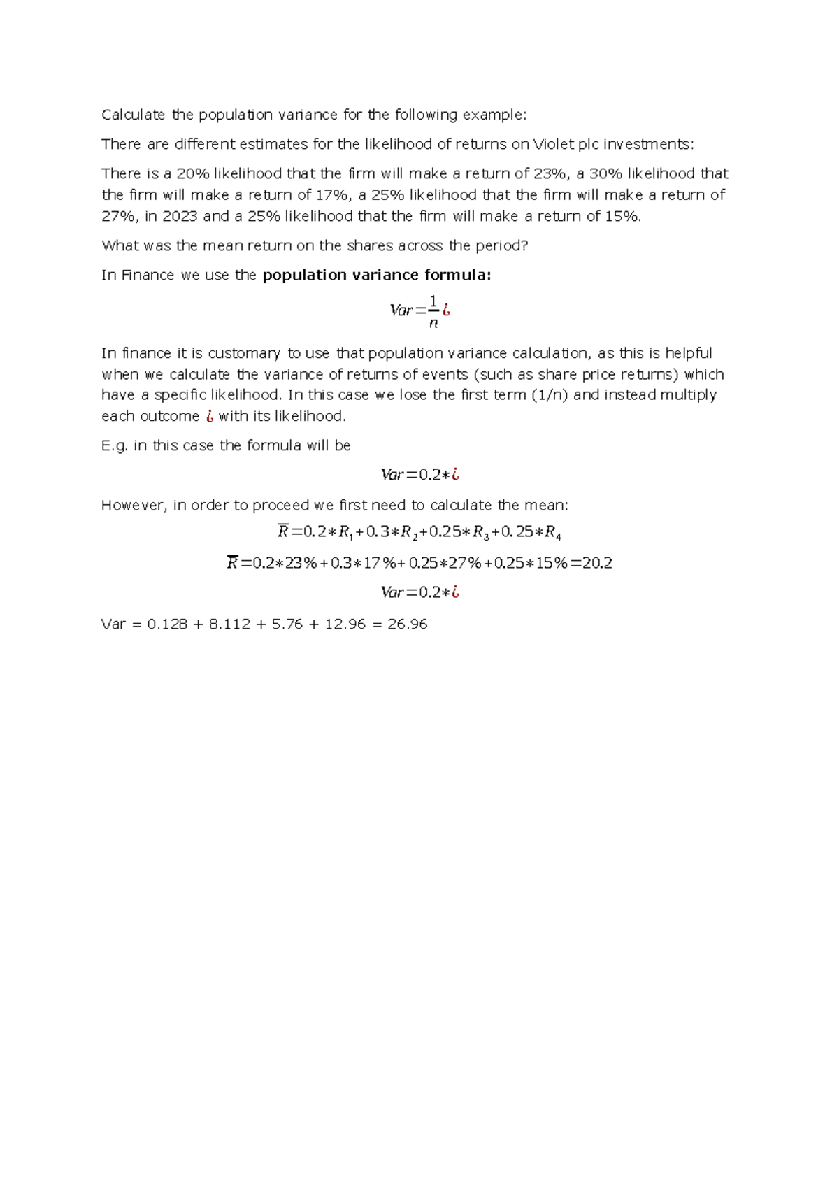 Population Variance 01 Calculate The Population Variance For The Following Example There Are