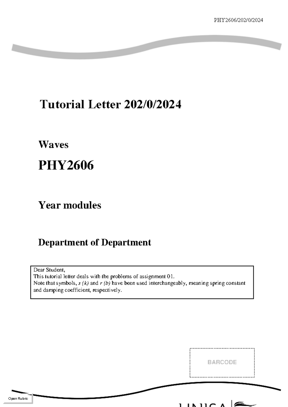 PHY2606 TL202 0 2024 - Tutorial - PHY 2606 / 2 01/0/ 2022 Tutorial ...