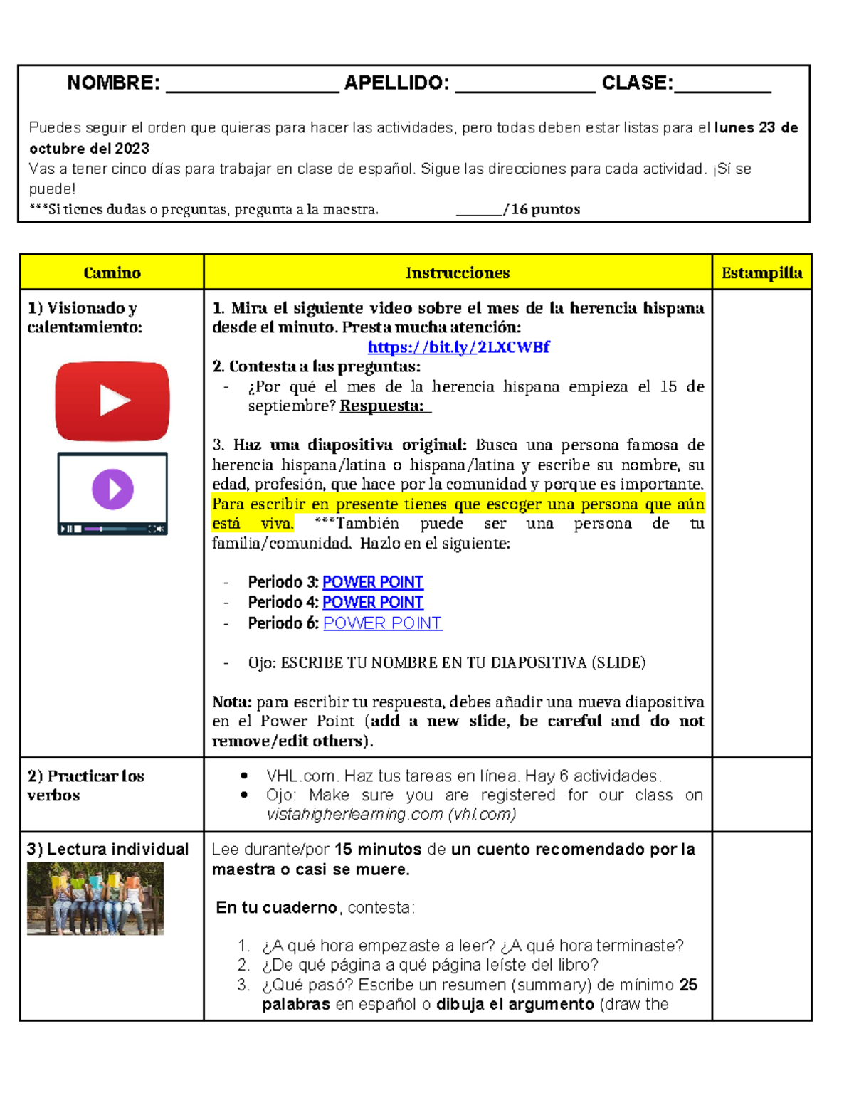 E2 Proyecto 1 - Repaso DE Espanol 1 - Camino Instrucciones Estampilla 1 ...