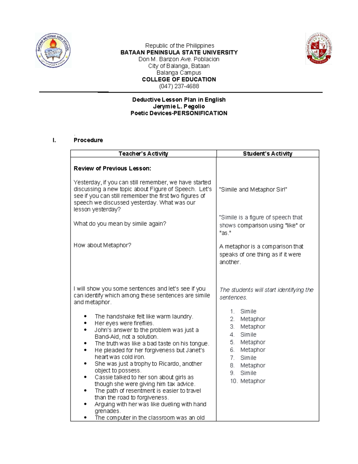 Lesson Plan-Poetry devices - Republic of the Philippines BATAAN ...