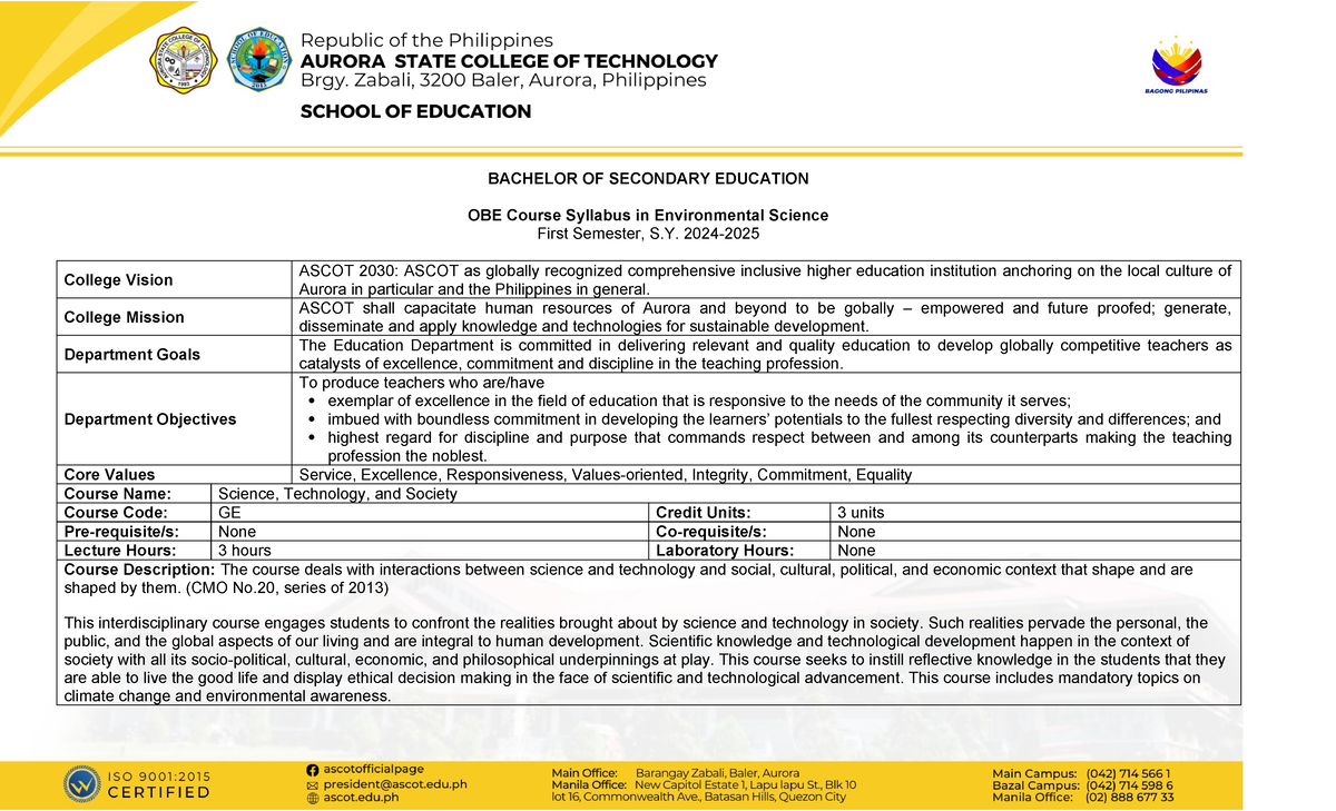 Syllabus in Science, Technology and Society - BACHELOR OF SECONDARY ...
