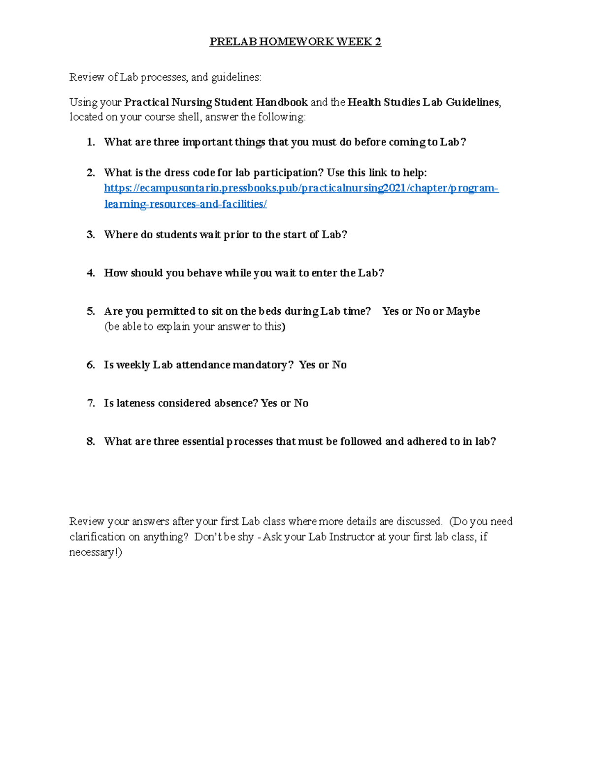 Week 2 Prelab Homework - Review of Lab processes, and guidelines: Using your Practical Nursing ...