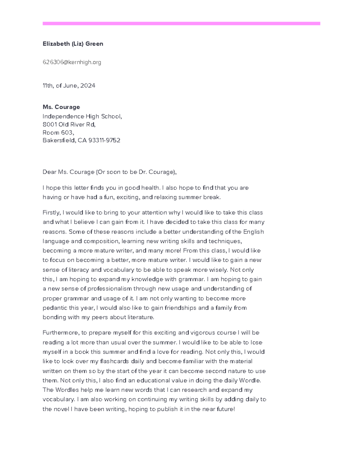 Dear Ms Courage - letter - Elizabeth (Liz) Green 626306 @kernhigh 11 th ...