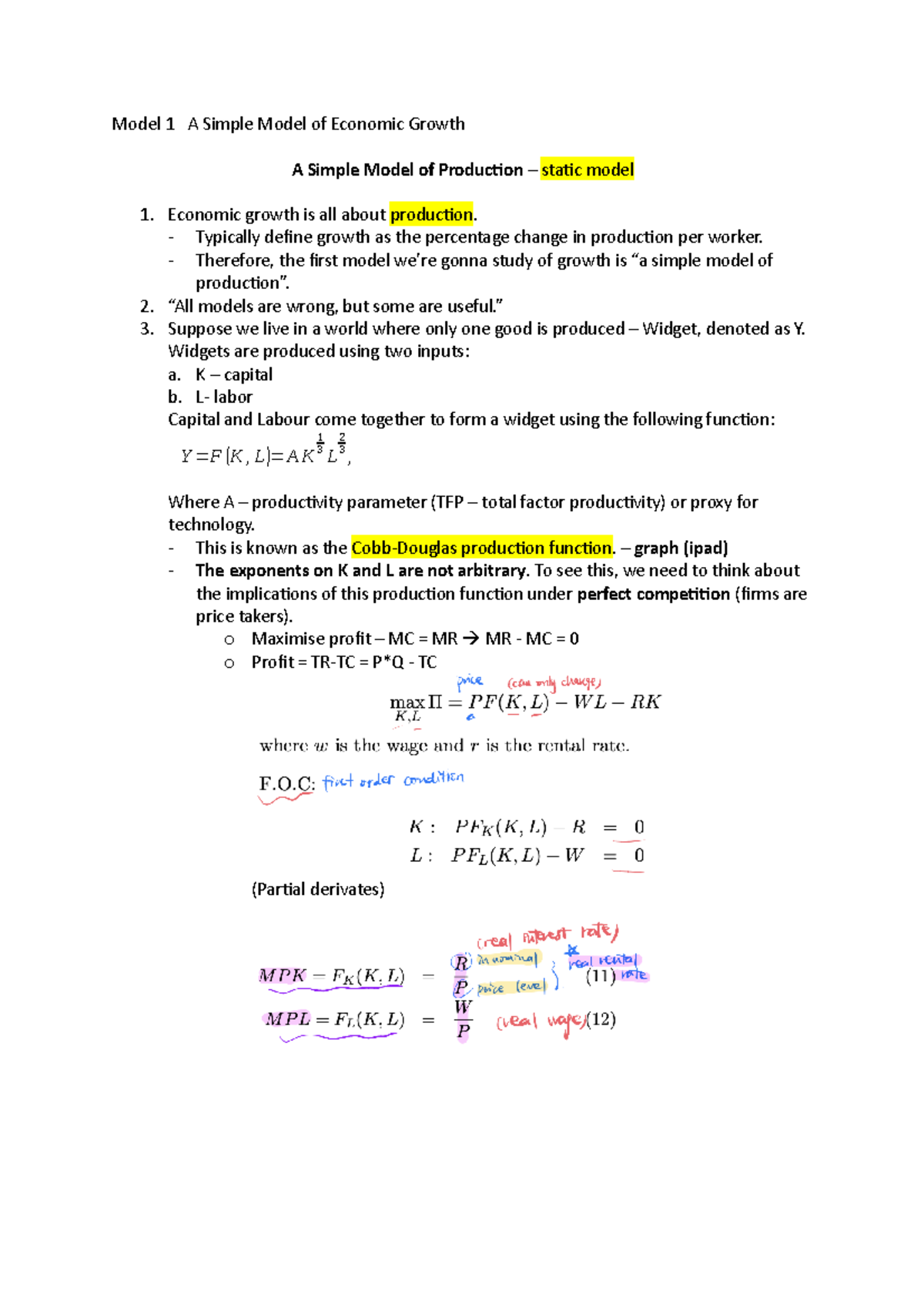 Lesson 2 notes - Model 1 A Simple Model of Economic Growth A Simple ...