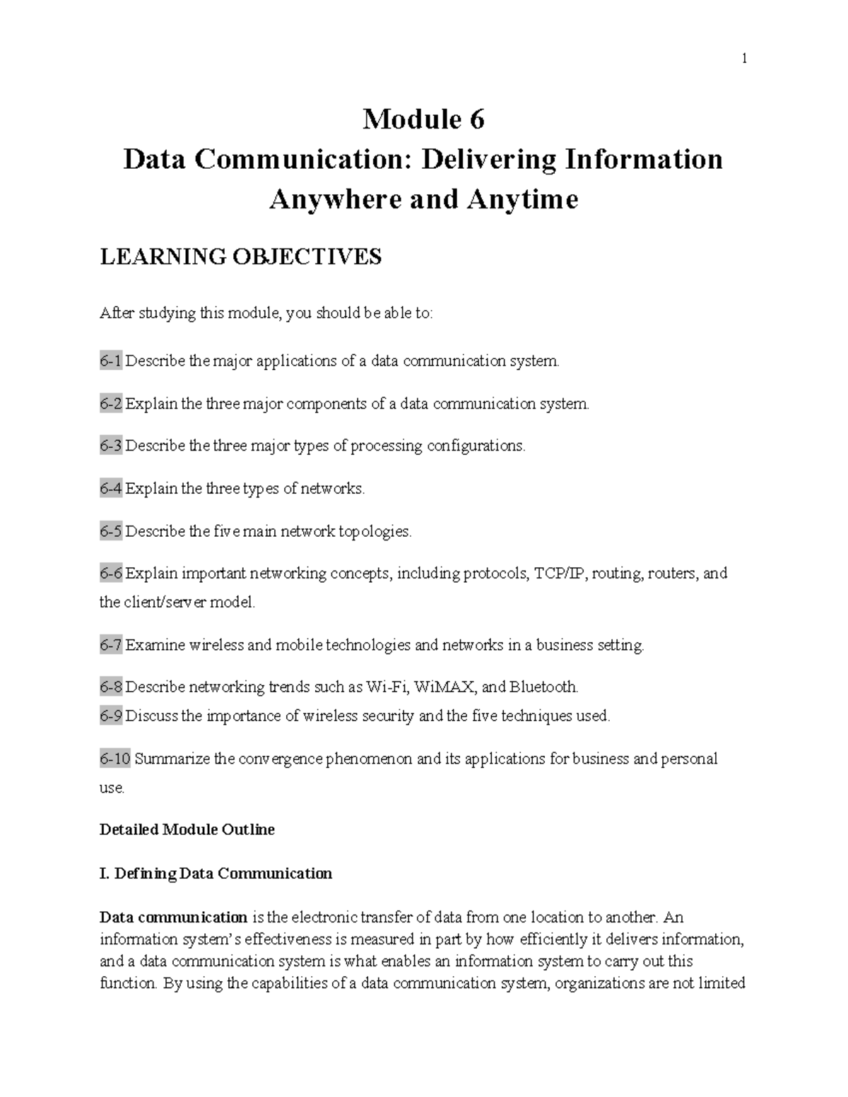 MIS10 Key Notes Chapter 6 - Module 6 Data Communication: Delivering ...