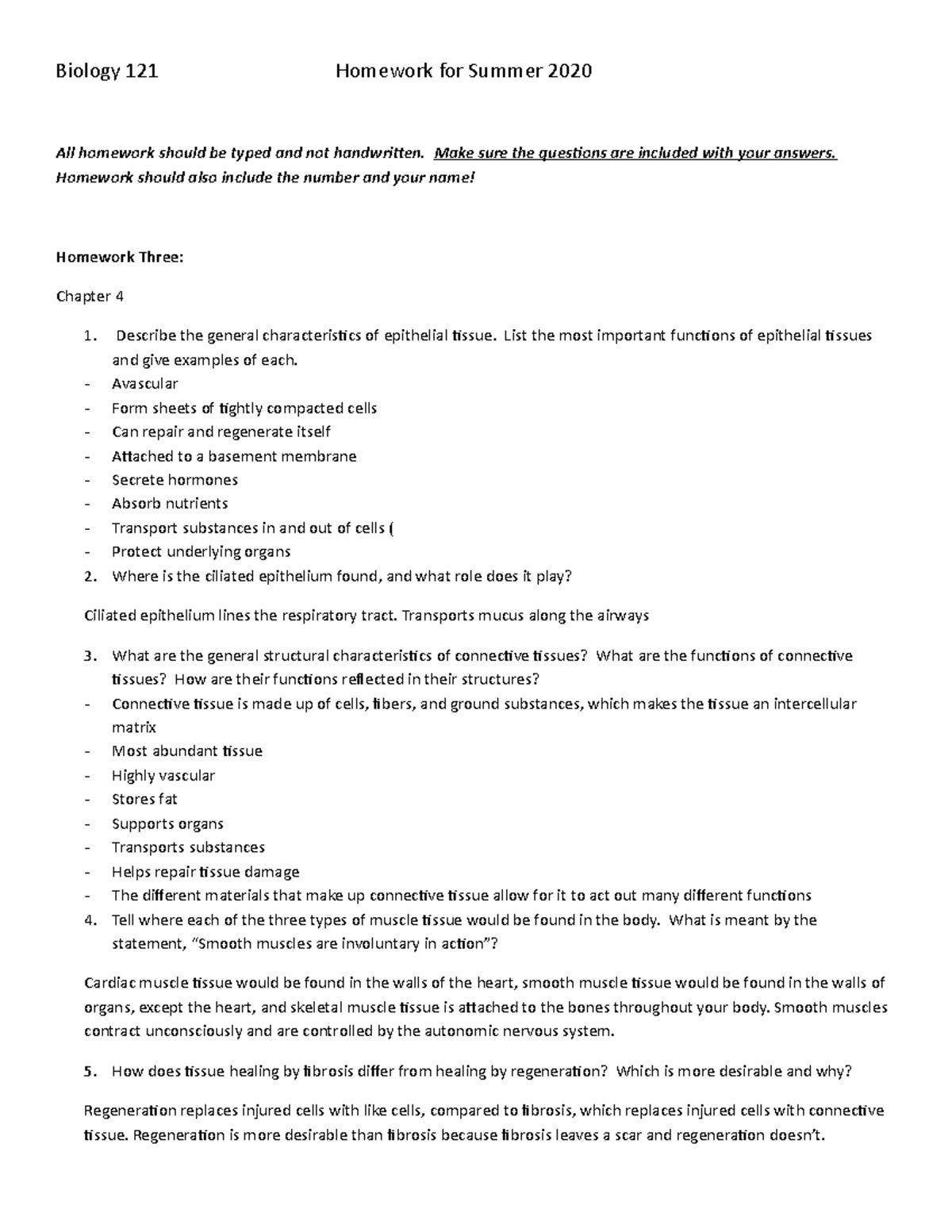 Homework Three ME - Answers to questions about body tissue - Biology ...