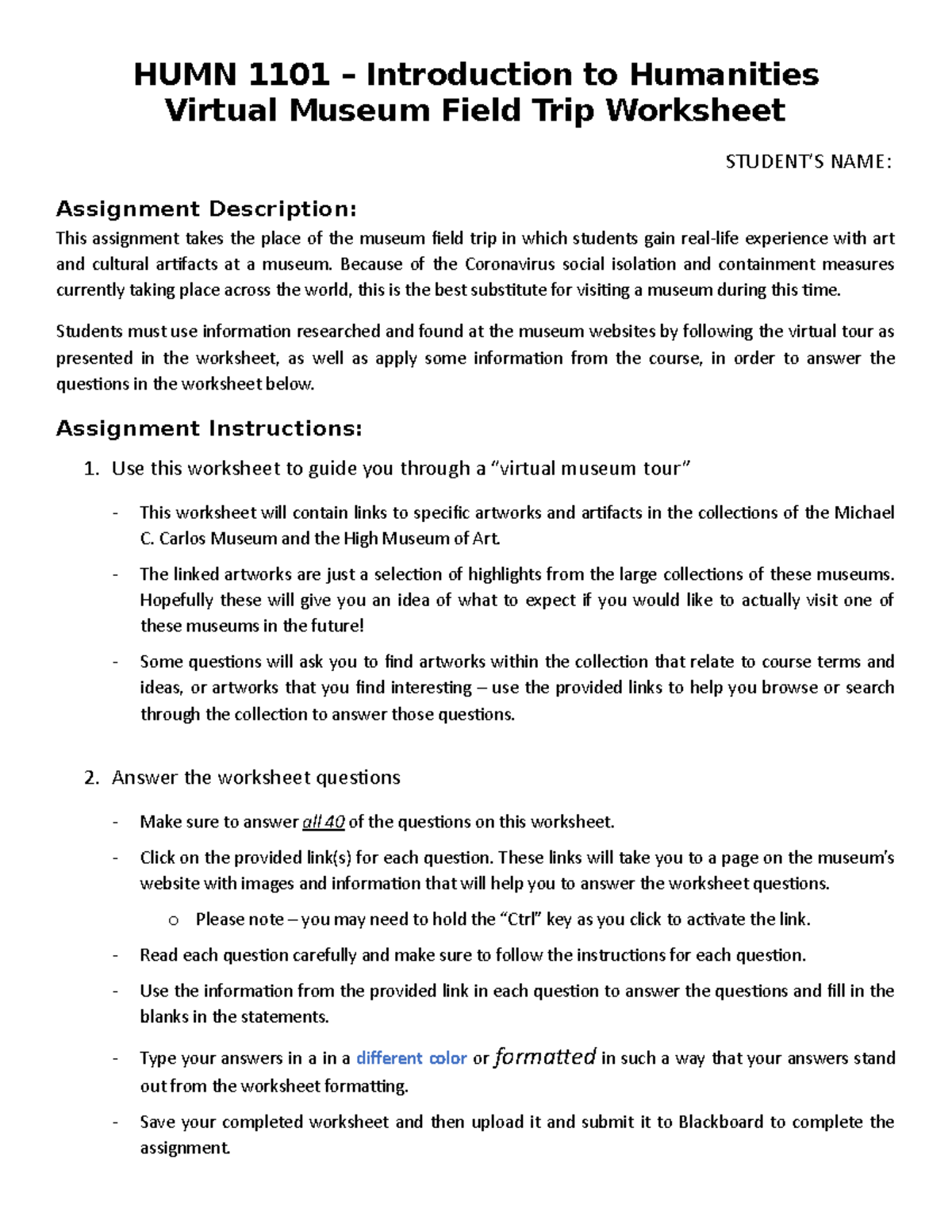 HUMN 1101 Virtual Museum Worksheet - HUMN 1101 – Introduction to ...
