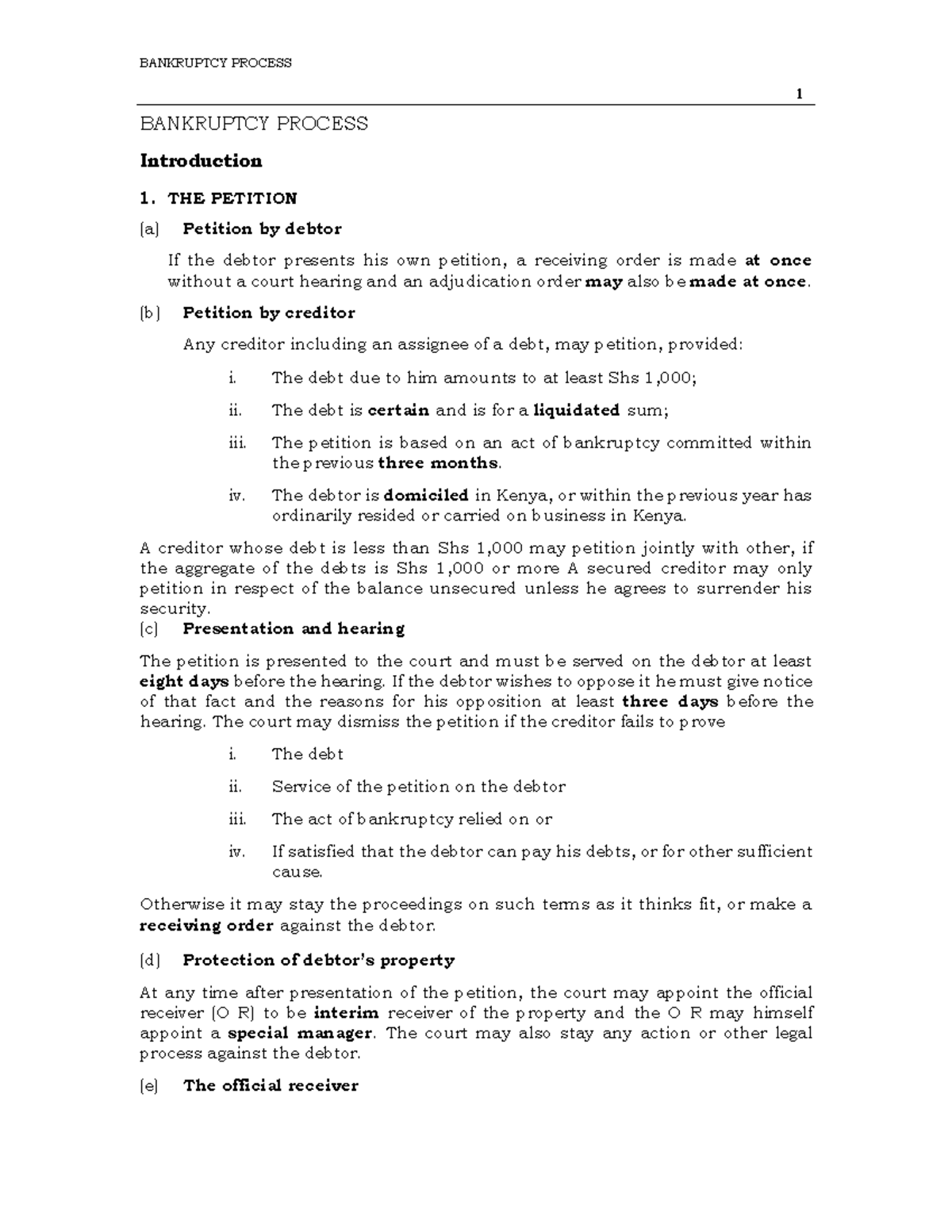 Bankruptcy Process - good - 1 BANKRUPTCY PROCESS Introduction 1. THE ...