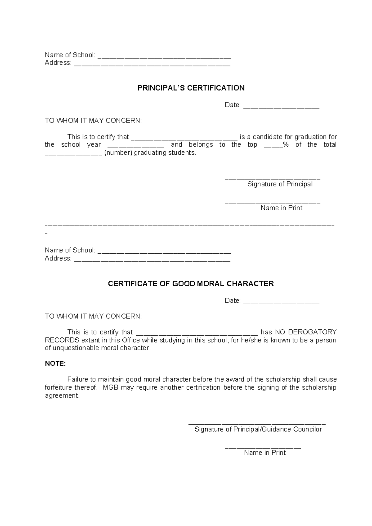Certification Good Moral Forms (revised) - Name of School